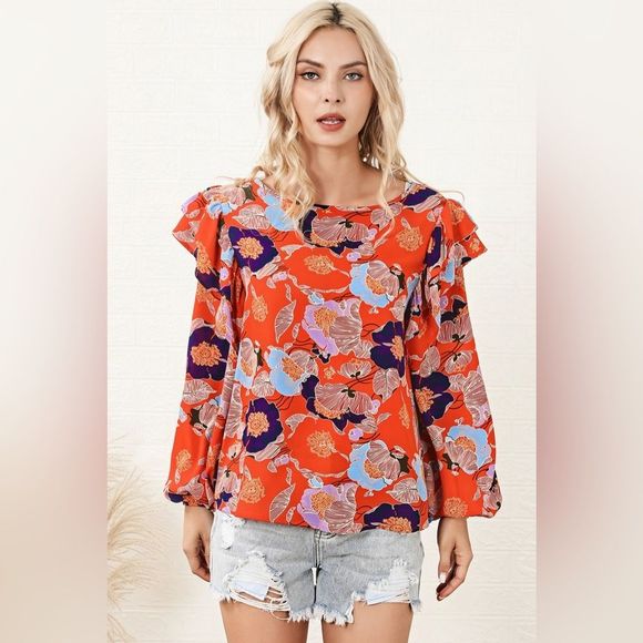 boutique | Tops | Redorange Floral Print Ruffle Puff Sleeve Blouse | Poshmark